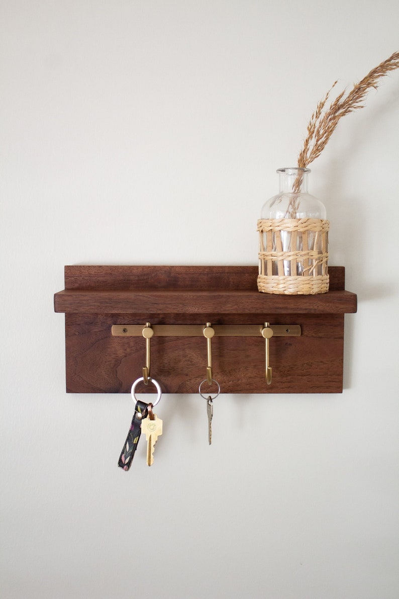 Modern Wood Key Rack, Walnut Key Holder With Brass Hooks, Entryway ...