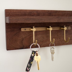 Modern Wood Key Rack, Walnut Key Holder With Brass Hooks, Entryway ...