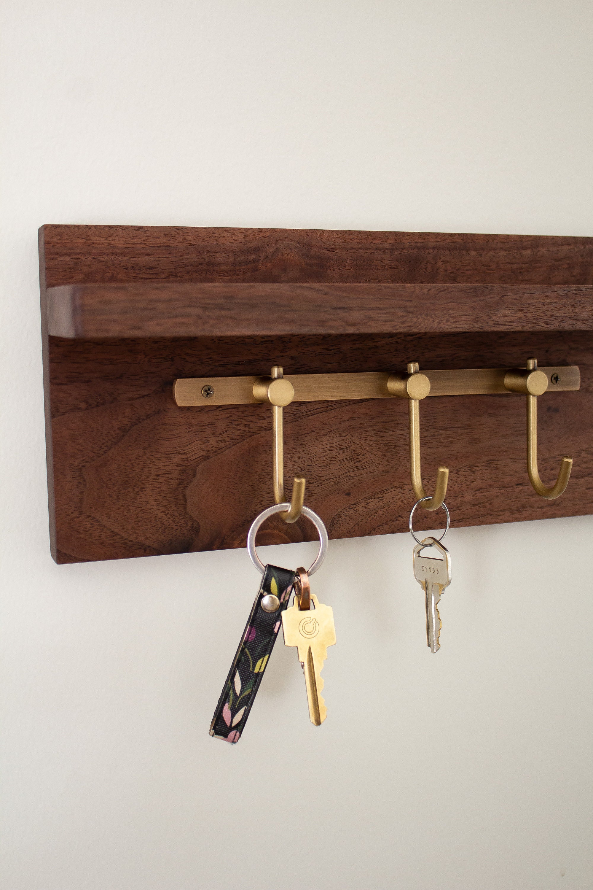 Modern Wood Key Rack, Walnut Key Holder With Brass Hooks, Entryway ...