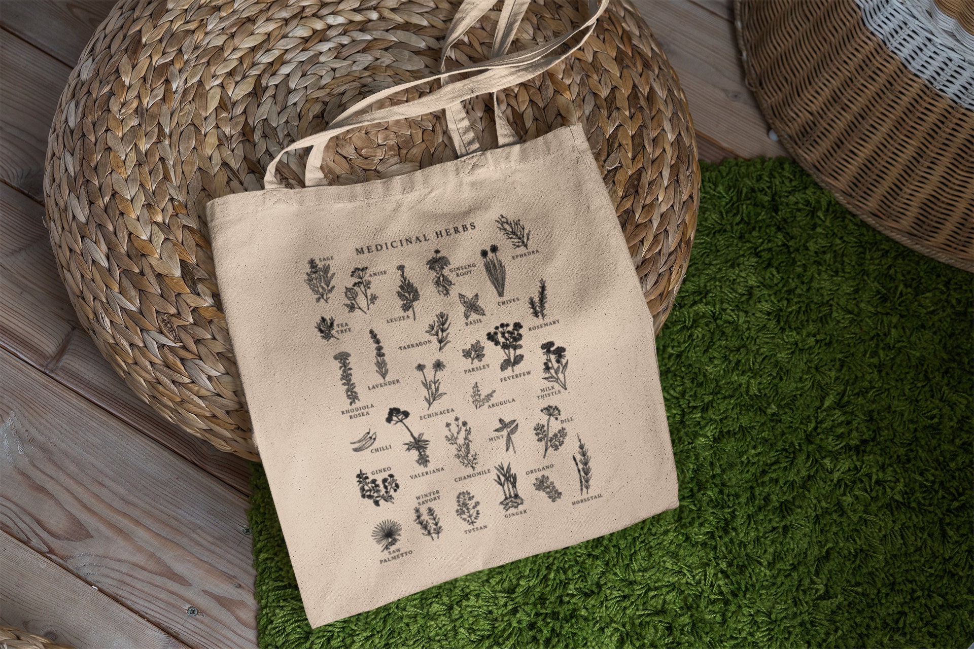 Hand Drawn Medicinal Herbs Canvas Tote Bag Gardening Tote Bag Reusable ...