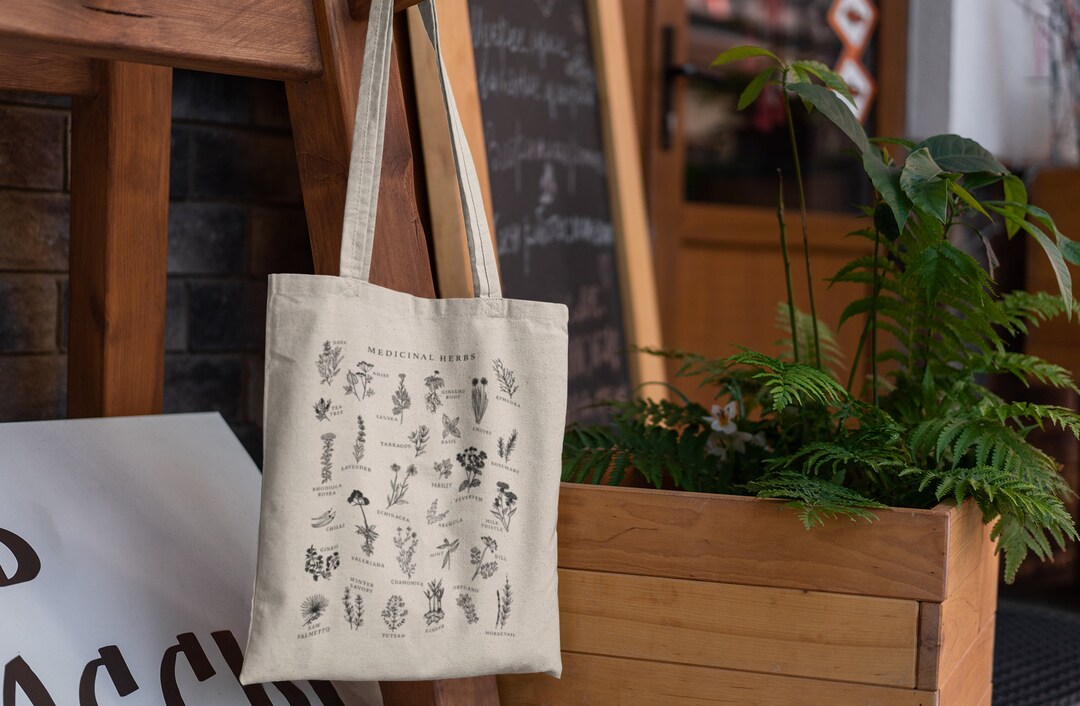 Hand Drawn Medicinal Herbs Canvas Tote Bag | Gardening Tote Bag ...