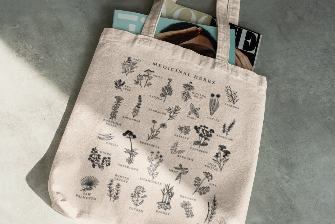 Medicinal Herbs Canvas Tote Bag | Gardening Tote Bag | Reusable Grocery ...
