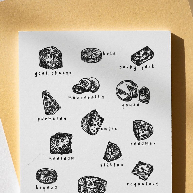 Hand-drawn Cheese Printable Wall Art | Cheese Wall Decor | Dairy Lovers ...