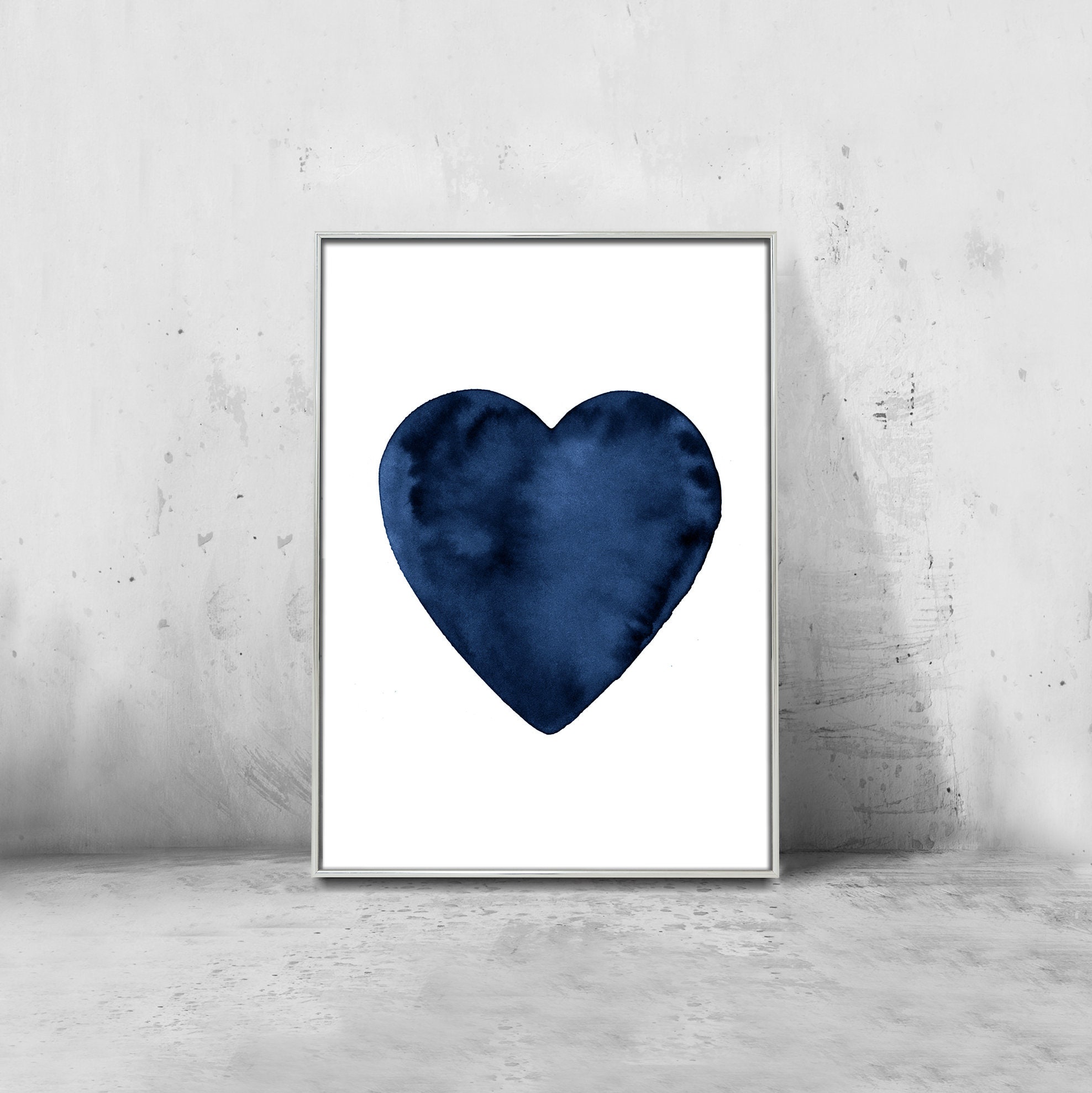 Navy Blue Heart Print, Love Printable Wall Art, Watercolor Hearts ...