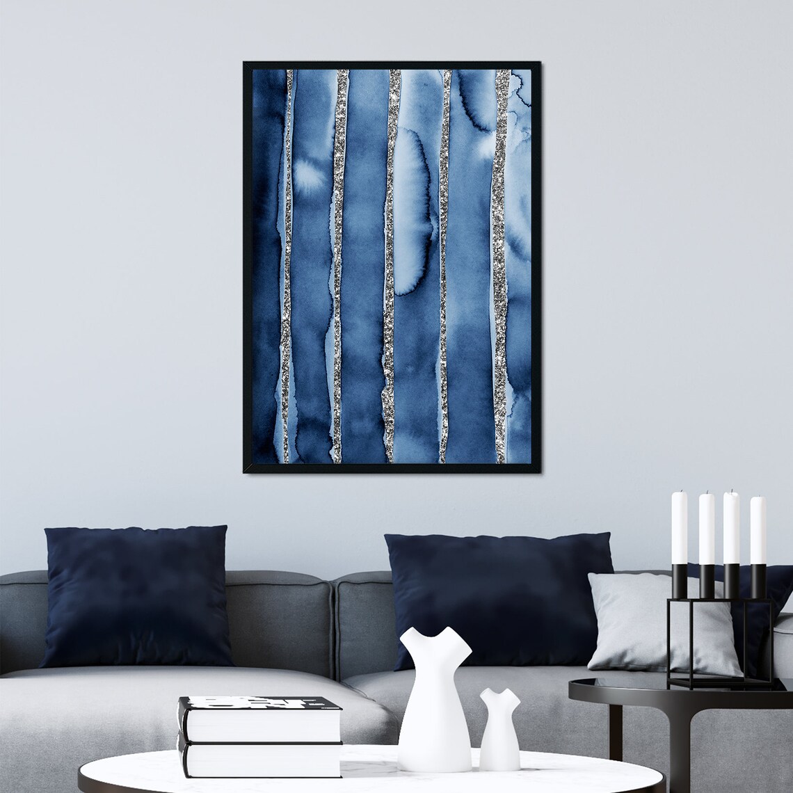 Navy Silver Printable Wall Art Blue Abstract Print | Etsy