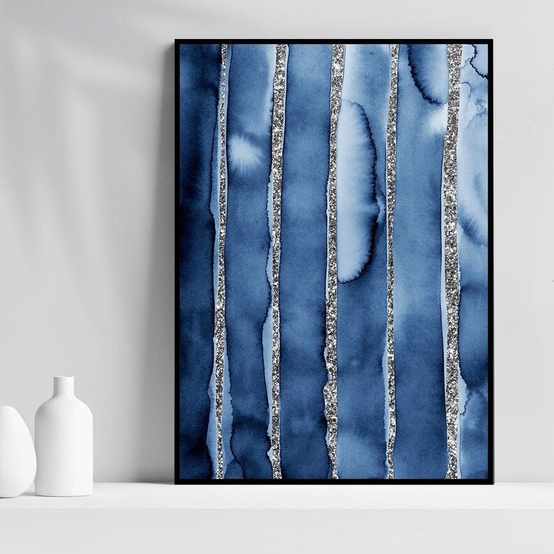 Navy Silver Printable Wall Art Blue Abstract Print - Etsy
