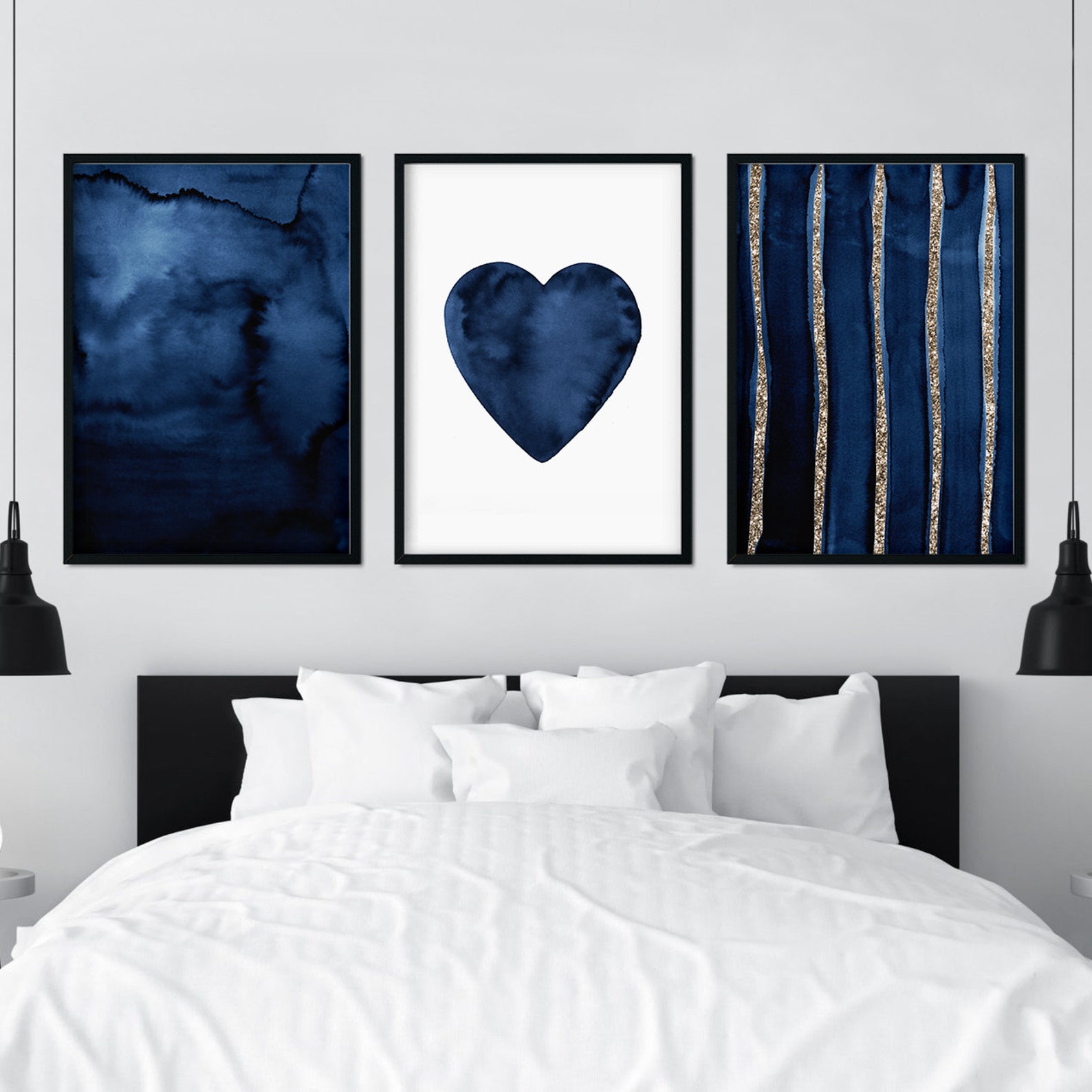 Navy Blue Heart Print, Love Printable Wall Art, Watercolor Hearts ...