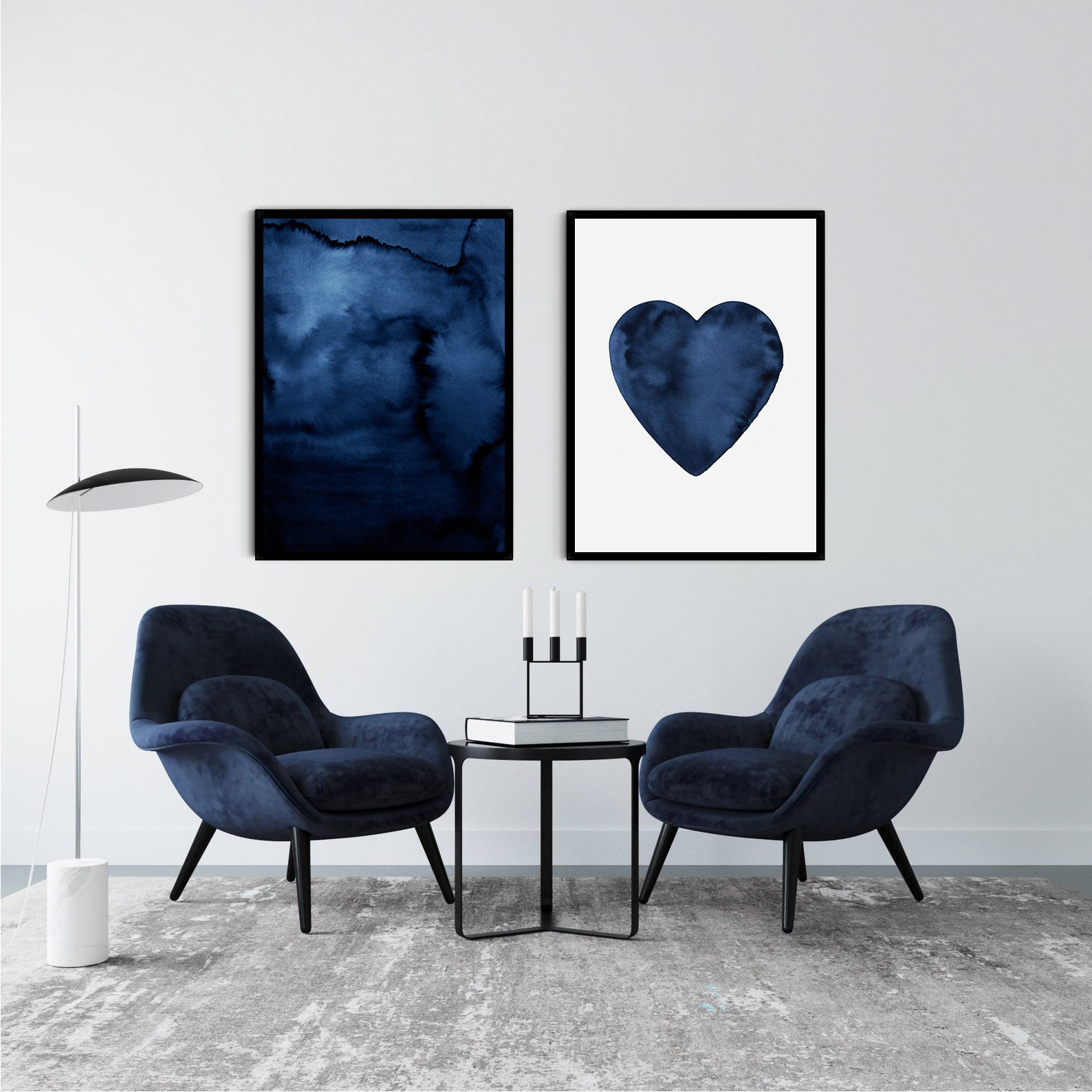 Navy Blue Heart Print, Love Printable Wall Art, Watercolor Hearts ...