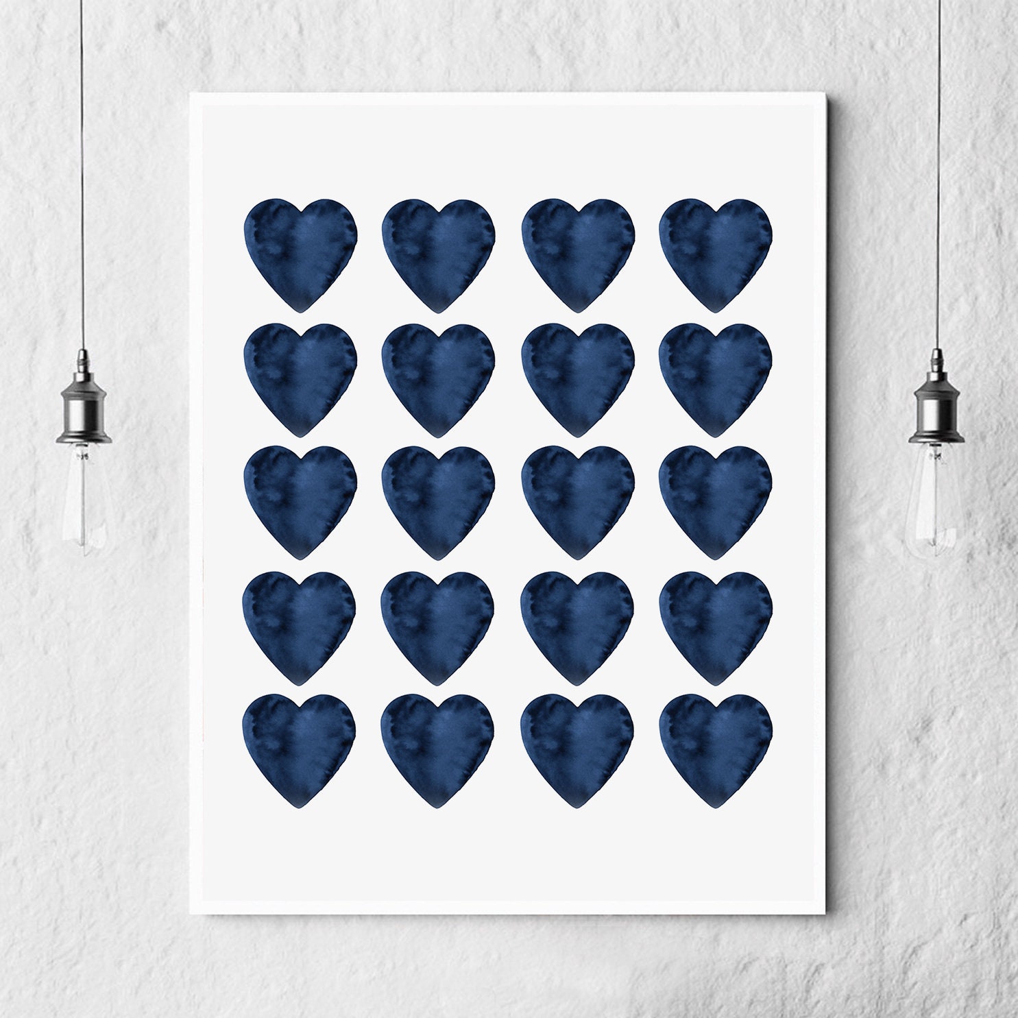 Navy Blue Heart Print, Set of 3, Love Heart Printable Wall Art, Love Sign, Watercolor Heart ...