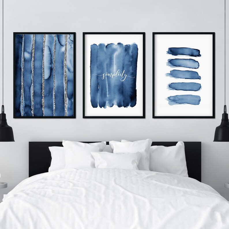 Navy Silver Printable Wall Art Blue Abstract Print | Etsy