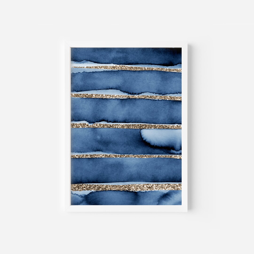 Navy Blue Gold Abstract Print Printable Wall Art Large Brush - Etsy