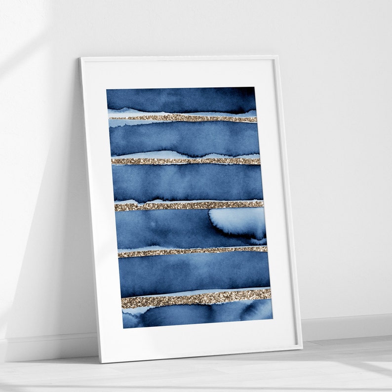Navy Blue Gold Abstract Print Printable Wall Art Large Brush - Etsy