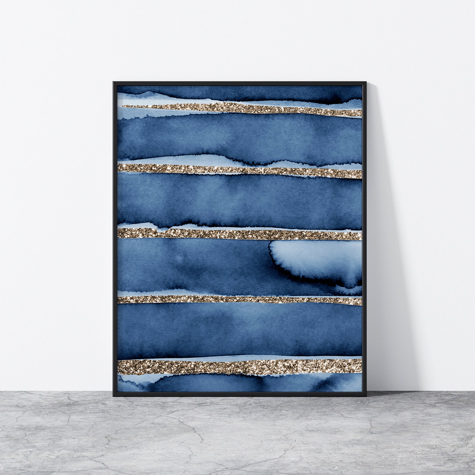 Navy Blue Gold Abstract Print Printable Wall Art Large Brush - Etsy