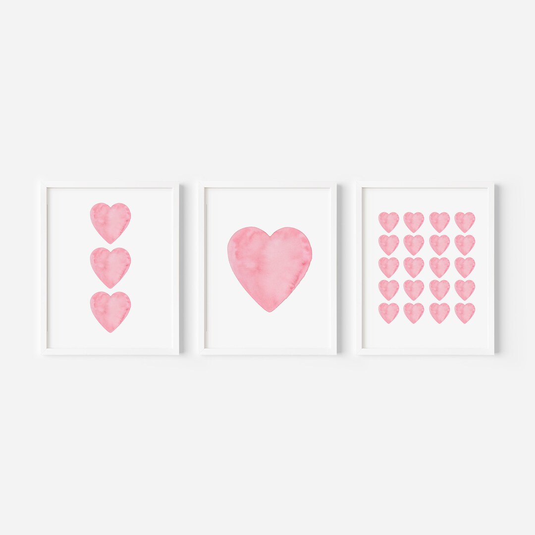 Pink Heart Print, Set of 3 Prints, Love Printable Wall Art, Watercolor ...