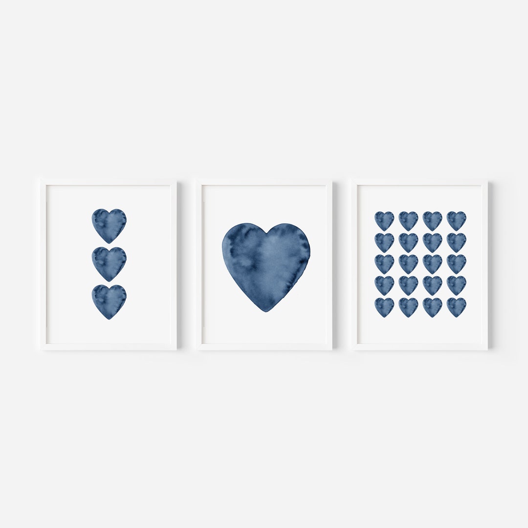 Set of 3 Navy Blue Heart Prints, Indigo Watercolor Hearts, Heart ...