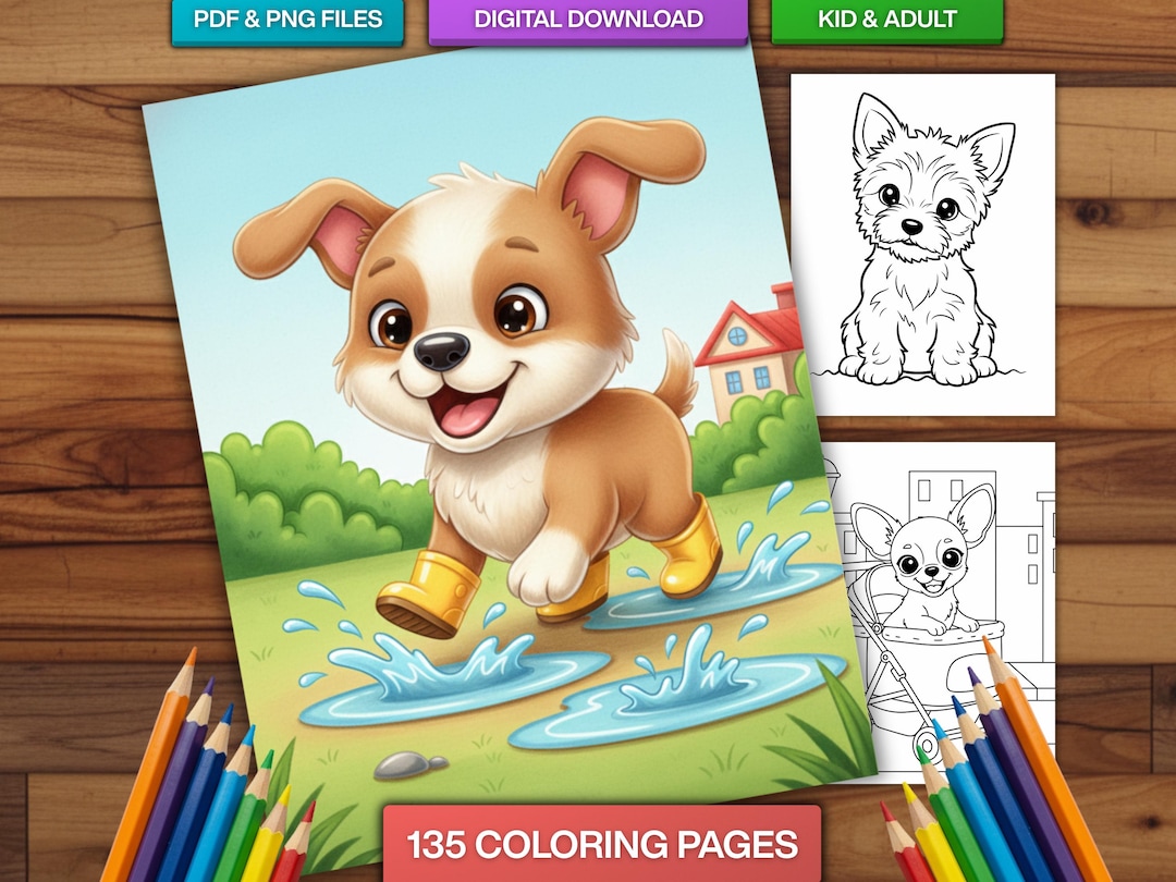 Puppy Dog Coloring Book | 135 Pages | Printable PDF & PNG | Kids ...