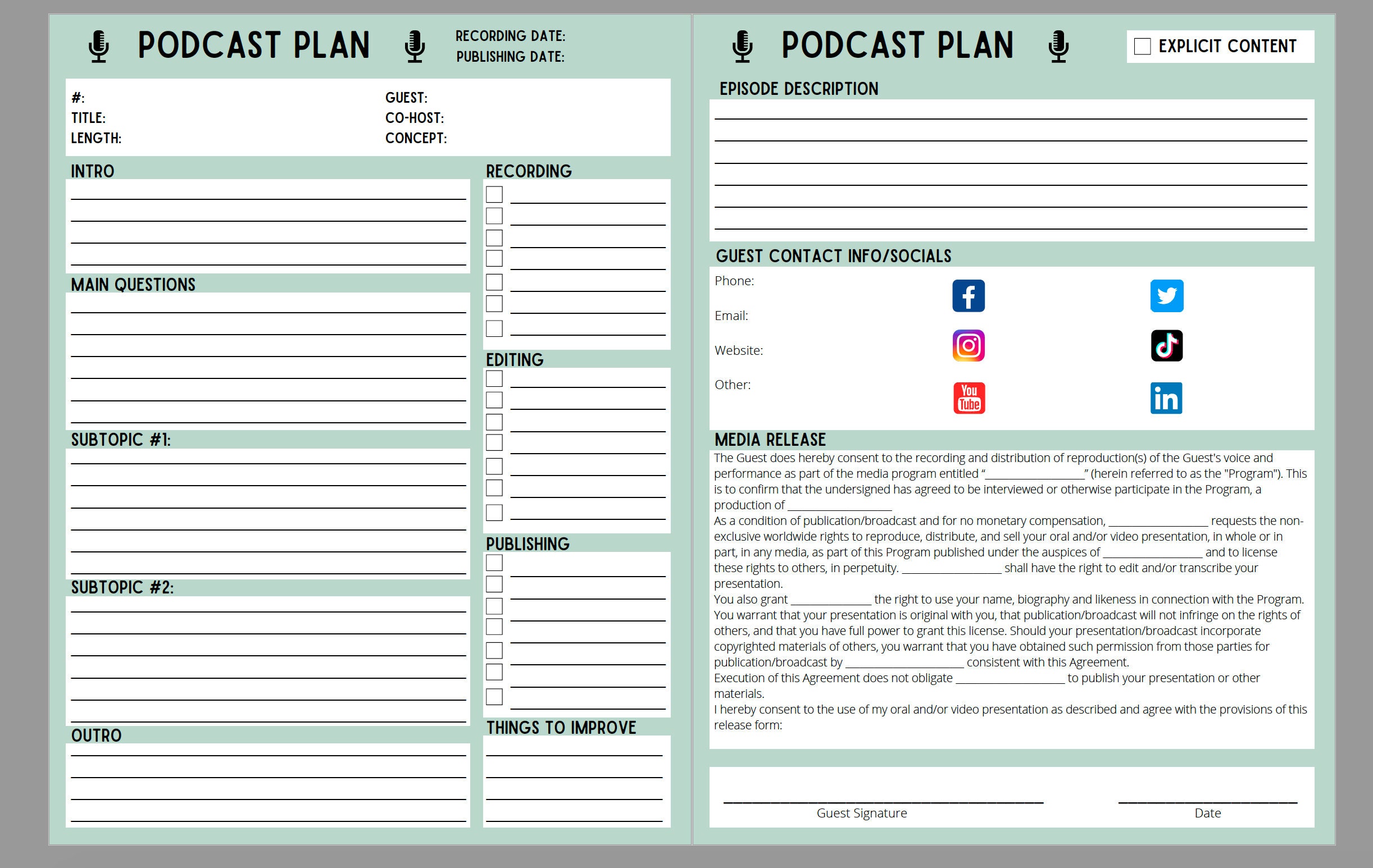 Green Podcast Planner With Media Release (PDF Download) - Etsy
