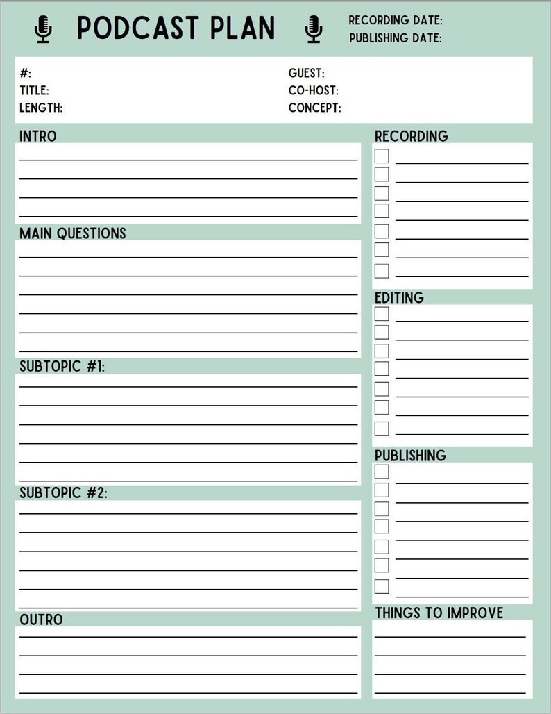 Green Podcast Planner With Media Release (PDF Download) - Etsy