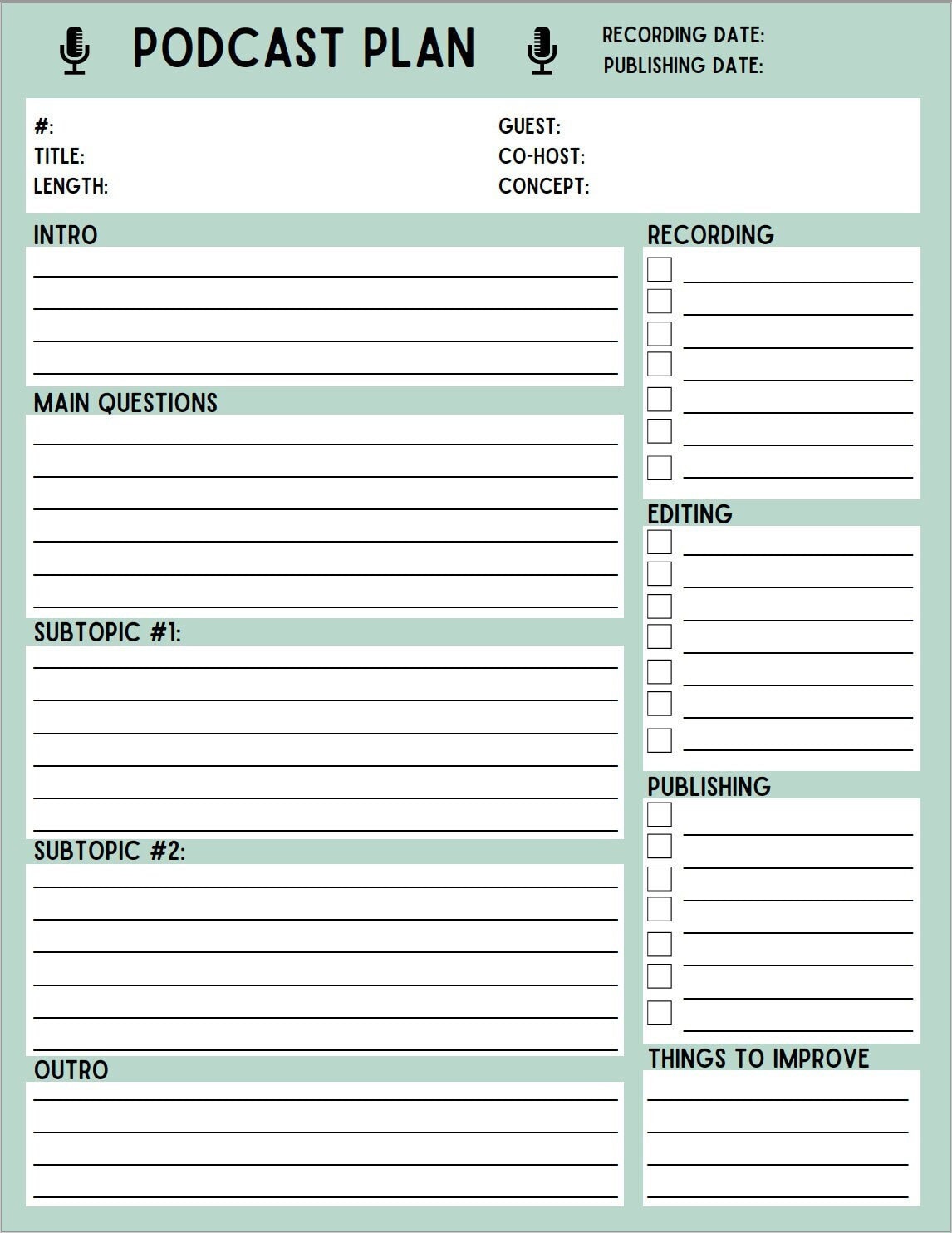 Green Podcast Planner With Media Release (PDF Download) - Etsy