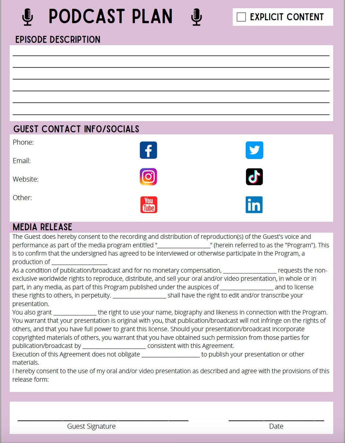 Purple Podcast Planner With Media Release (PDF Download) - Etsy
