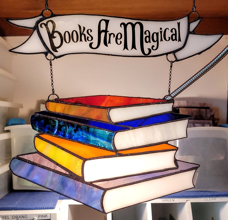 Xlg Library Book Stack With books Are Magical Banner Xlg Stained Glass ...
