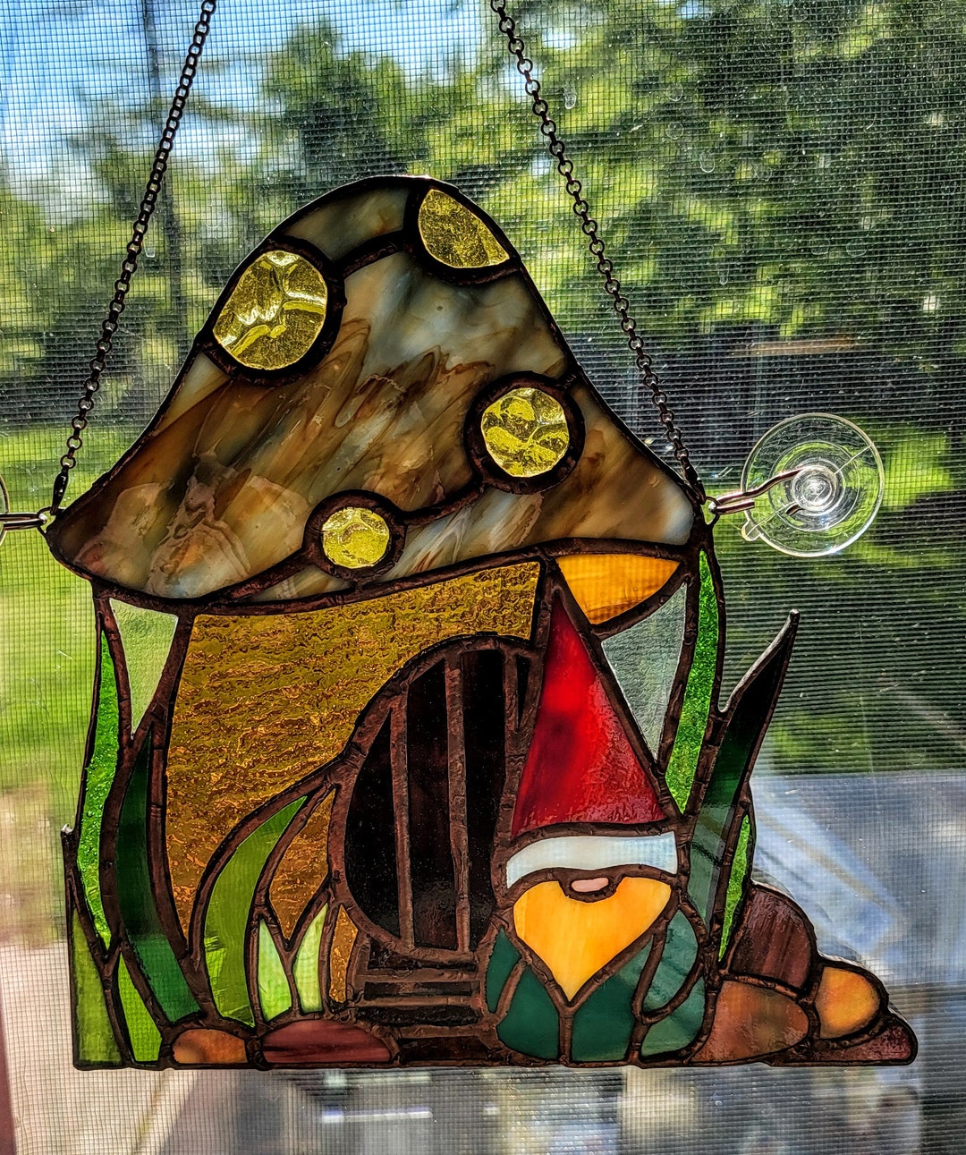 Gnome With Mushroom House Stained Glass Suncatcher - Etsy