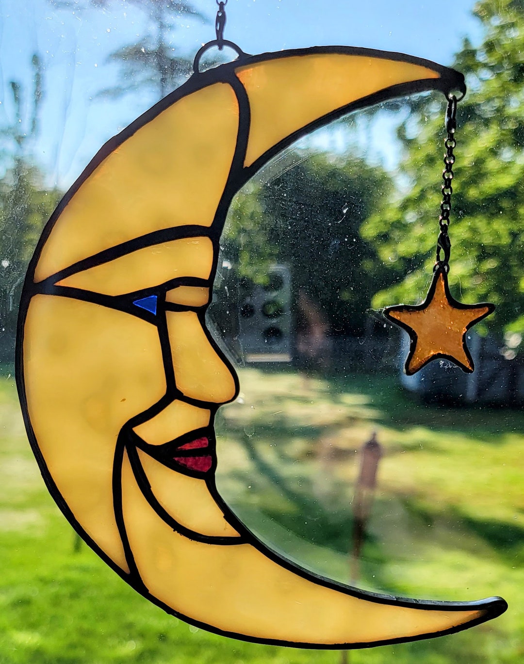 Man in the Moon Stained Glass Suncatcher With Star Charm - Etsy