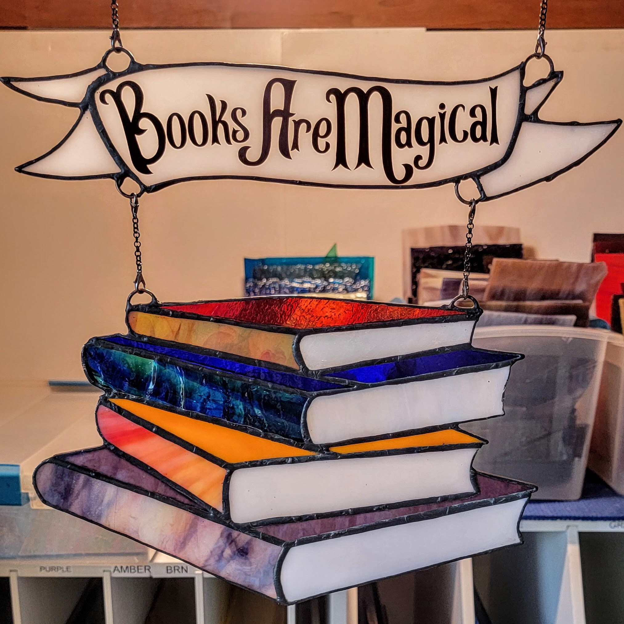 Xlg Library Book Stack With books Are Magical Banner Xlg Stained Glass ...
