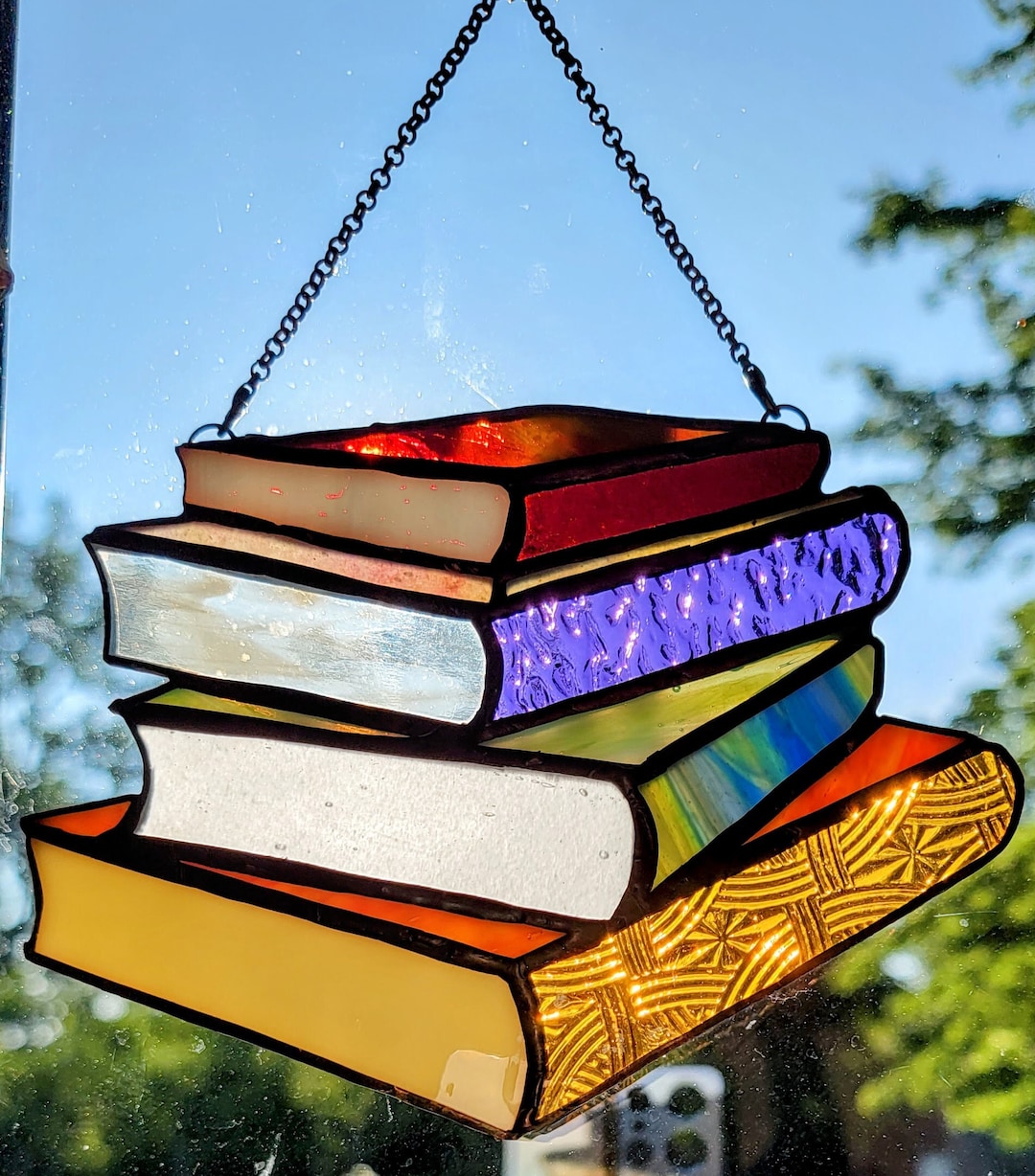 Library Book Stack Stained Glass Suncatcher Four Books Etsy