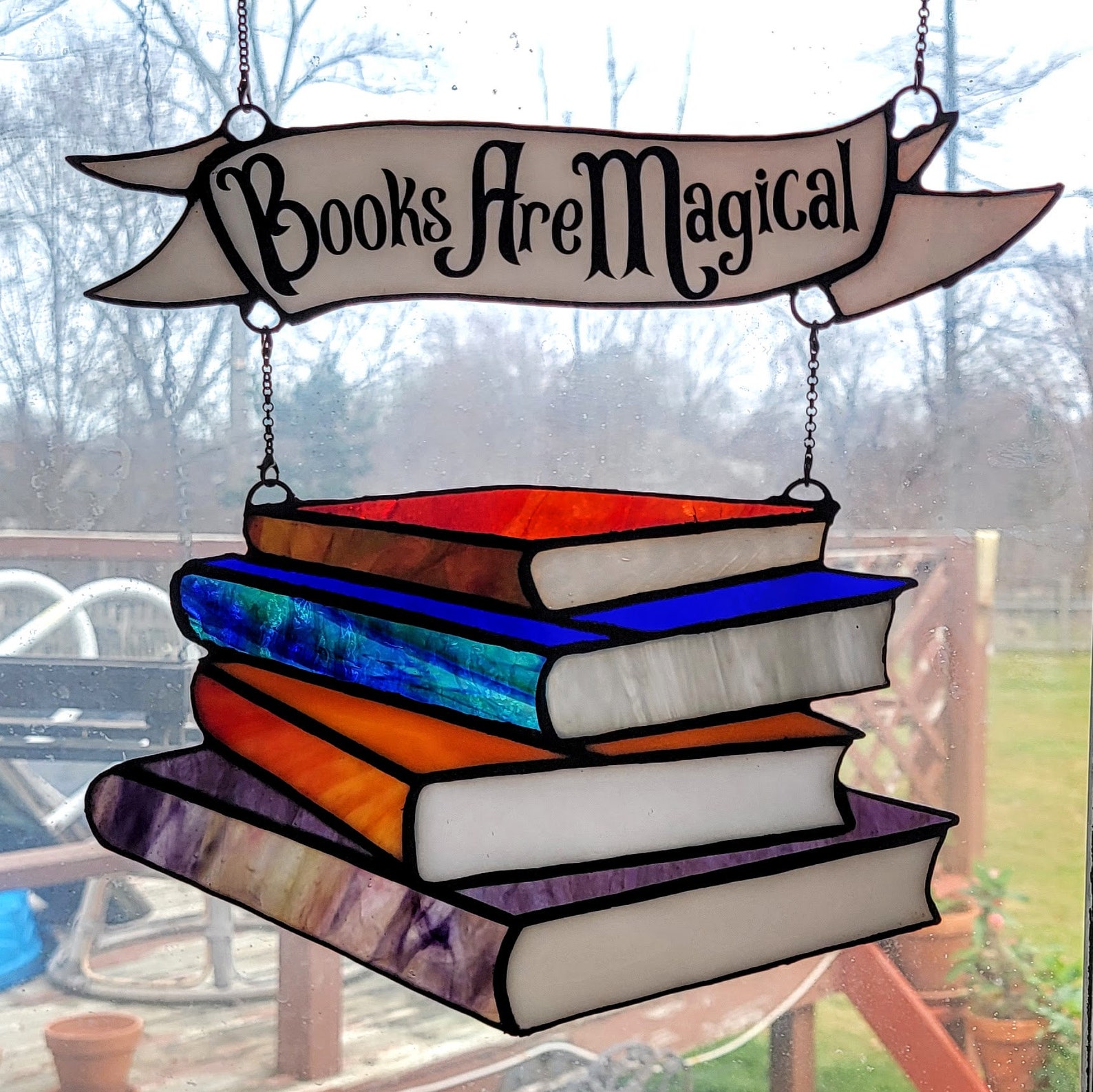 Xlg Library Book Stack With books Are Magical Banner Xlg Stained Glass ...