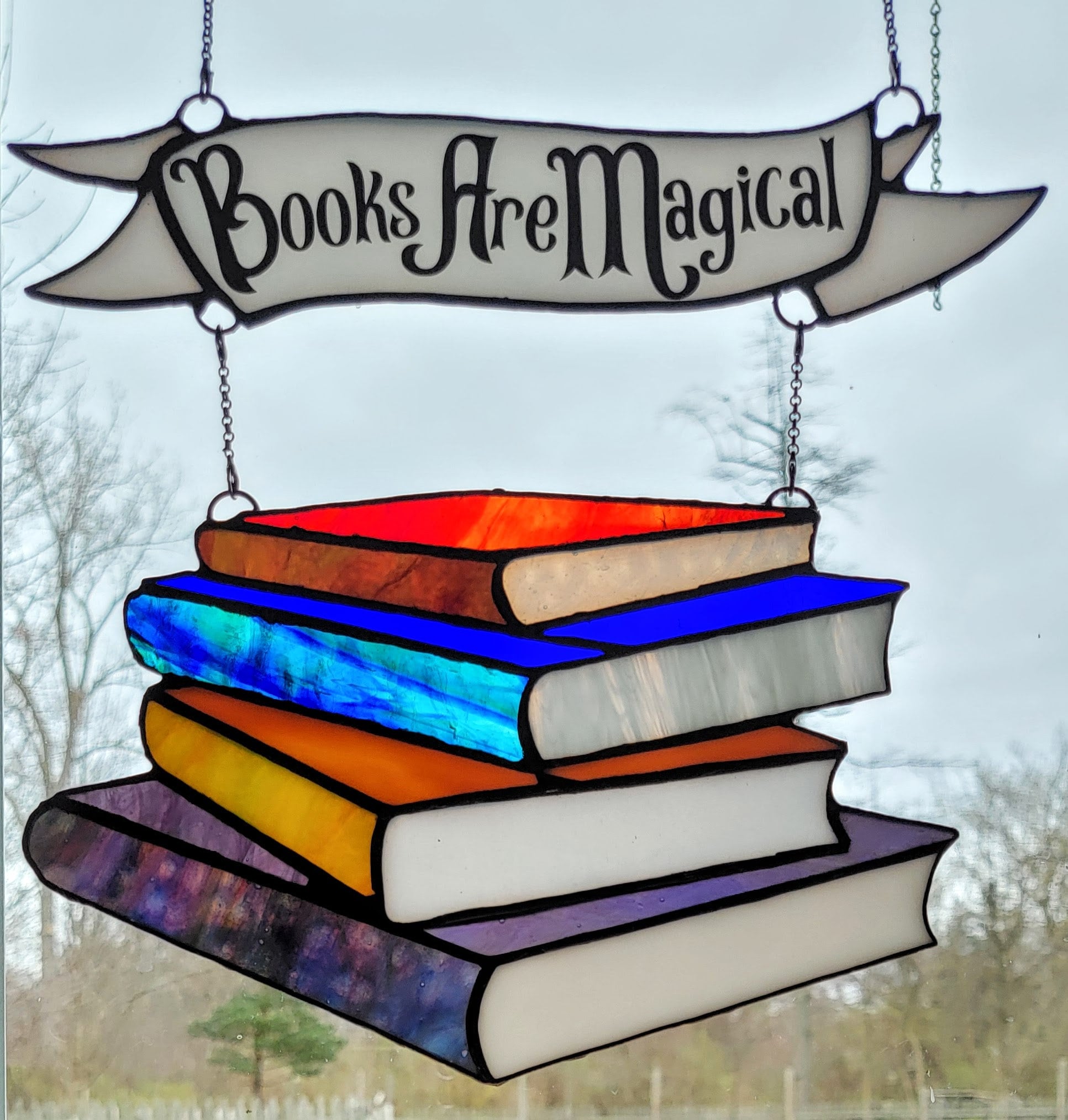Xlg Library Book Stack With books Are Magical Banner Xlg Stained Glass ...