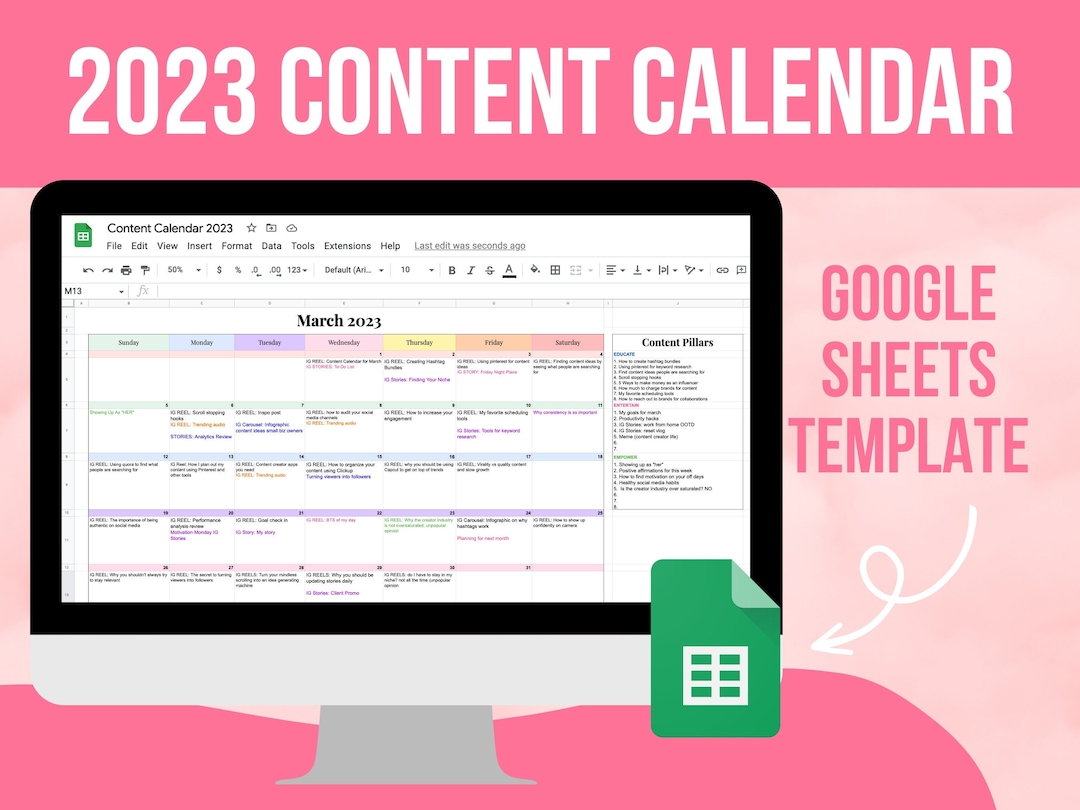2023 Monthly Calendar | Content Planner | Google Sheets Template - Etsy