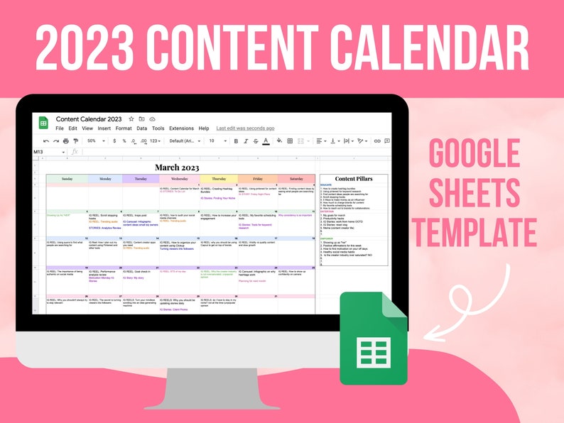 2023 Monthly Calendar | Content Planner | Google Sheets Template - Etsy
