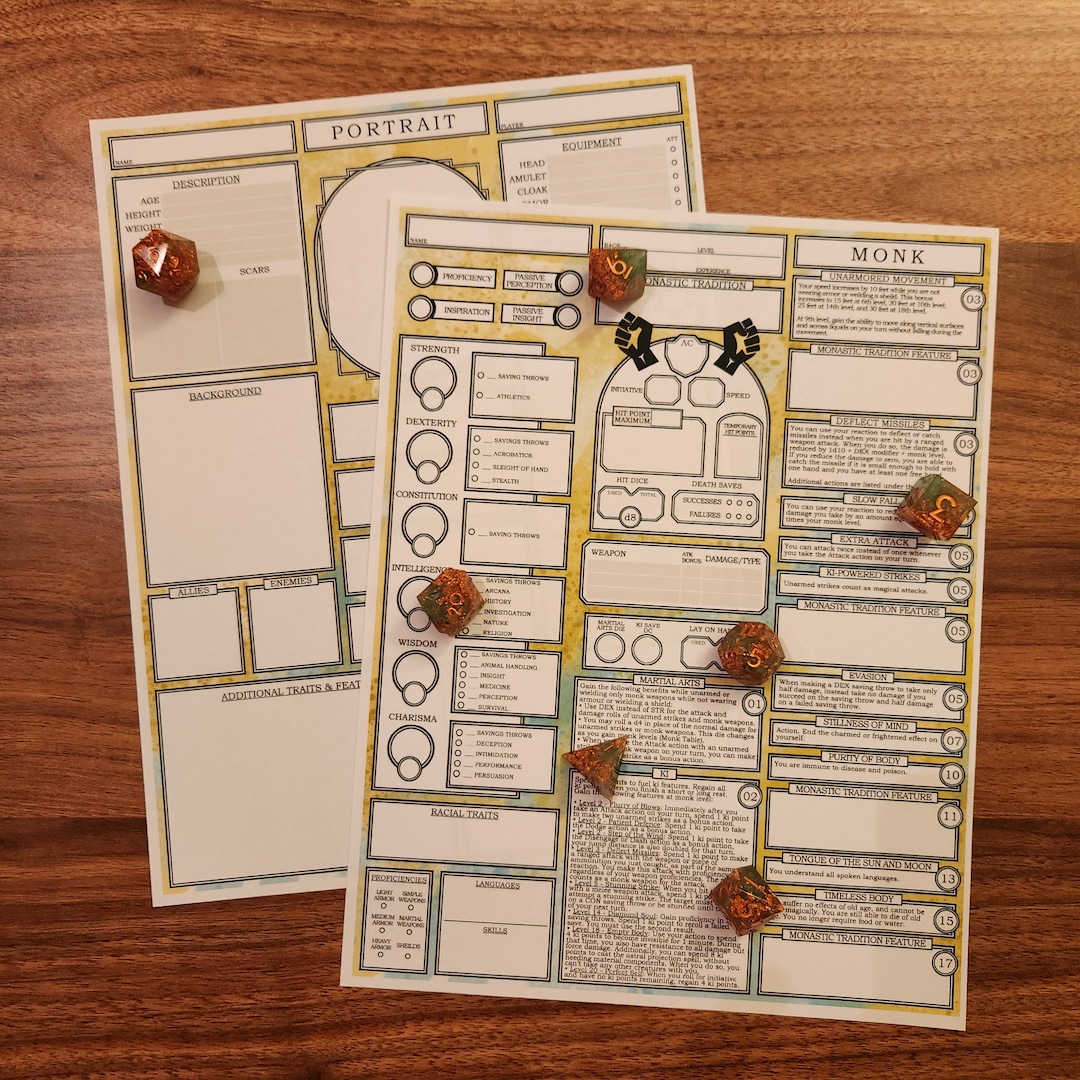 Optimized MONK | Downloadable/fillable PDF Character Sheet for D&D 5e - Etsy