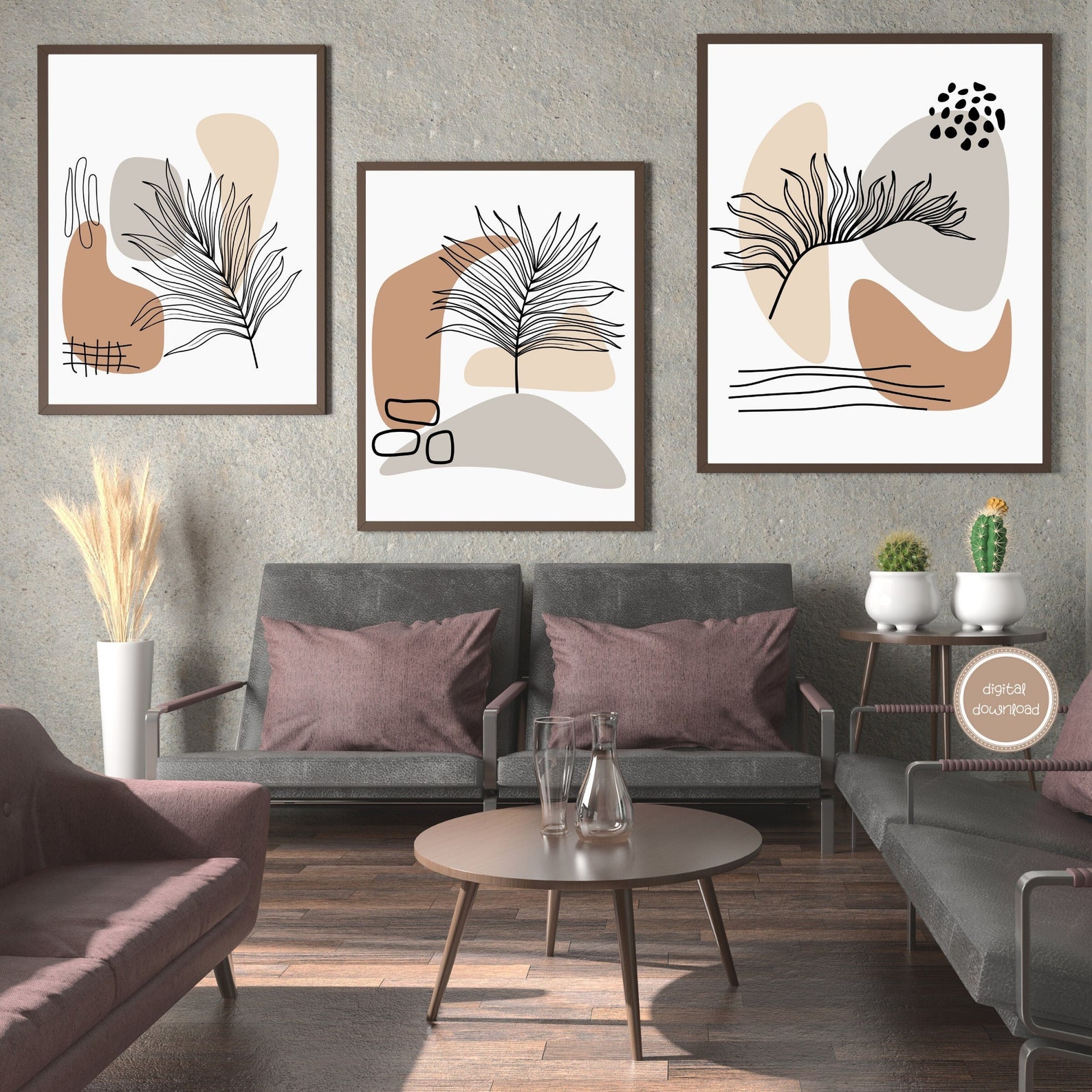 Boho Art Set of 3 Prints, Abstract Botanical Terracotta Grey Beige Wall ...