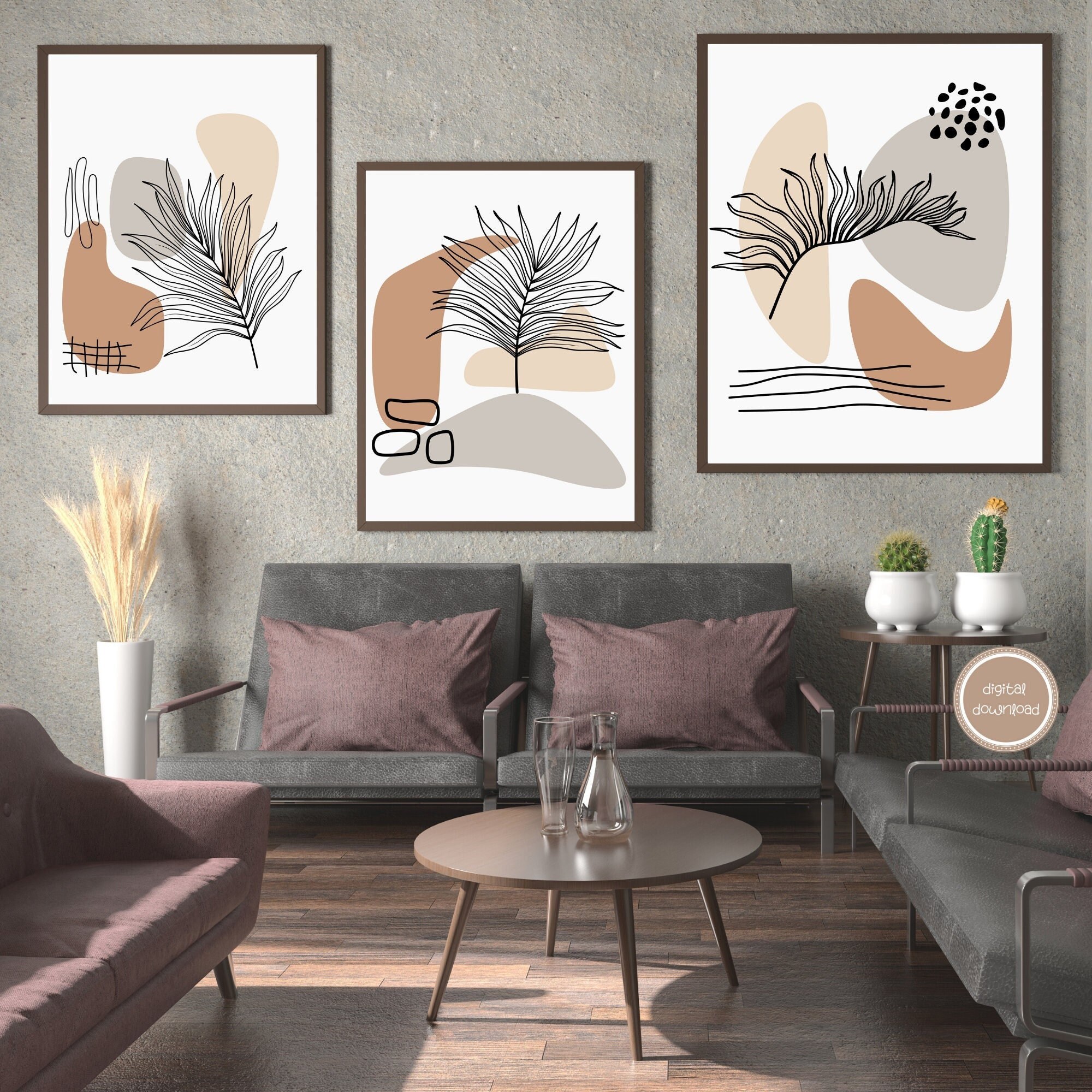 Boho Art Set of 3 Prints, Abstract Botanical Terracotta Grey Beige Wall ...