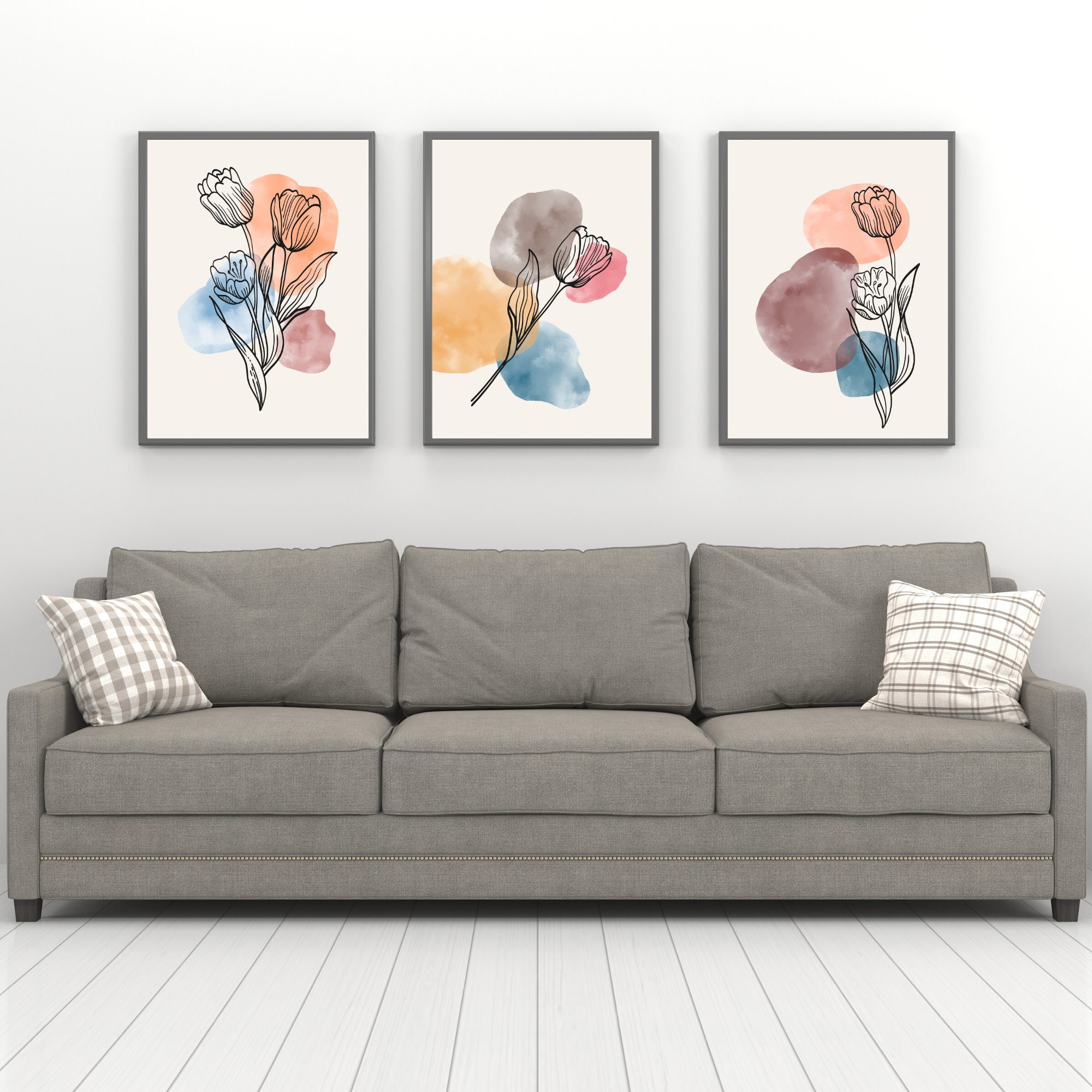 Minimalist Watercolor Botanical Print Set, Boho Floral 3 Piece Wall Art ...