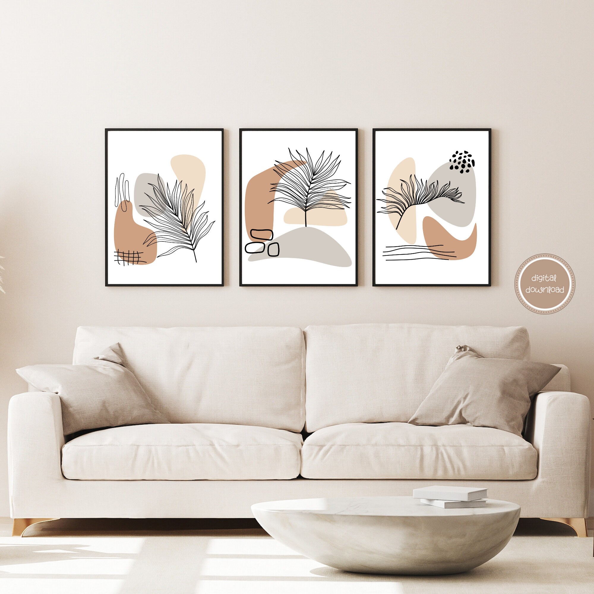 Boho Art Set of 3 Prints, Abstract Botanical Terracotta Grey Beige Wall ...