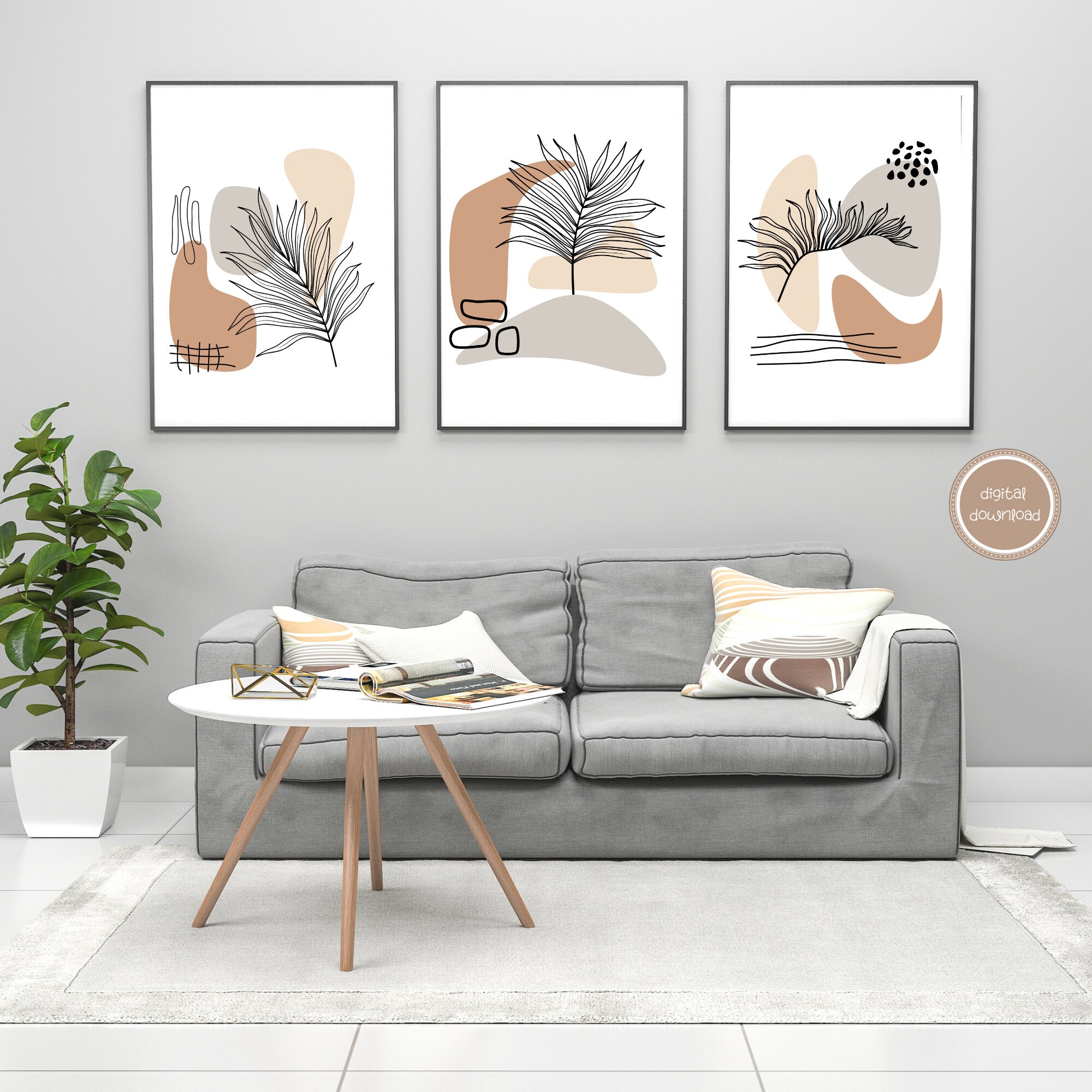 Boho Art Set of 3 Prints, Abstract Botanical Terracotta Grey Beige Wall ...