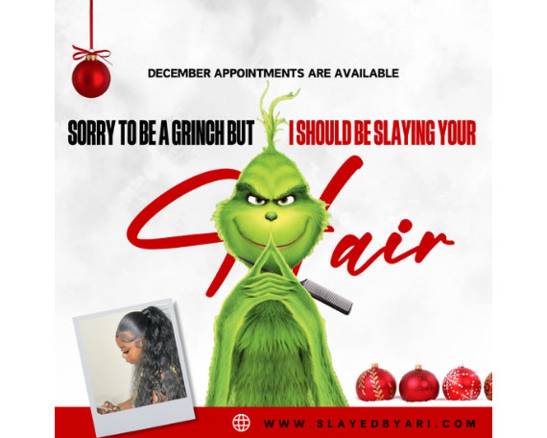 Canva Grinch Themed December Hair Flyer Template/ White & Red DIY ...