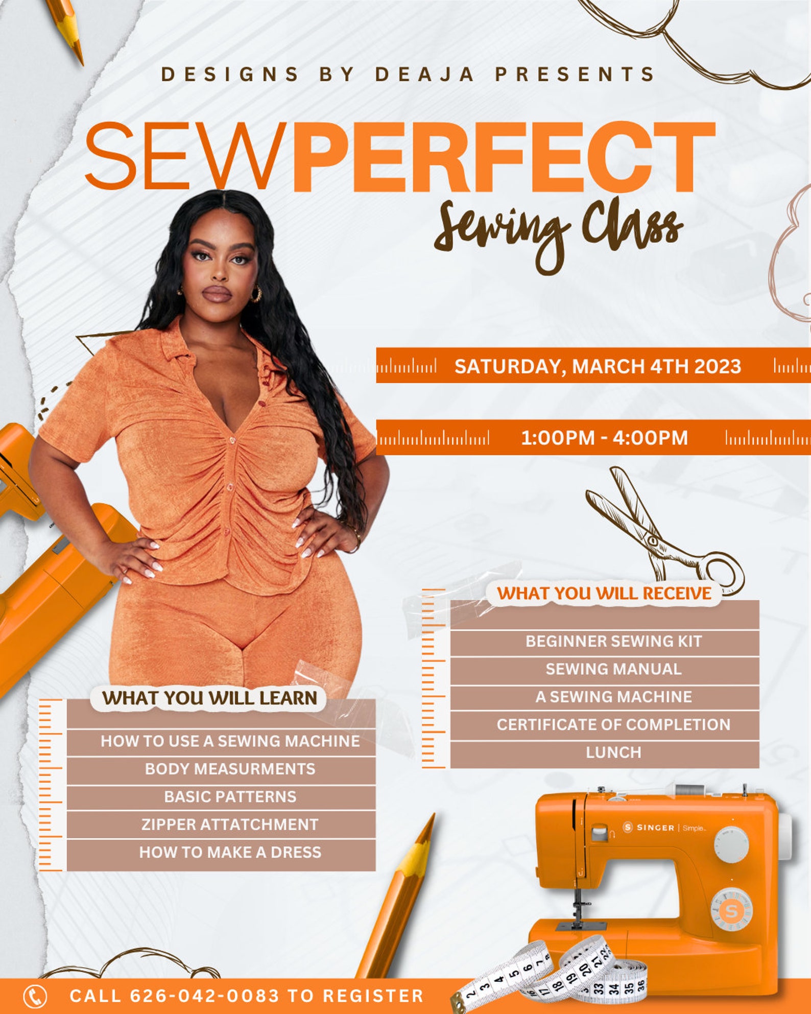 Canva Sewing Class Flyer/ Orange Sewing Machine Course E-flyer Template ...