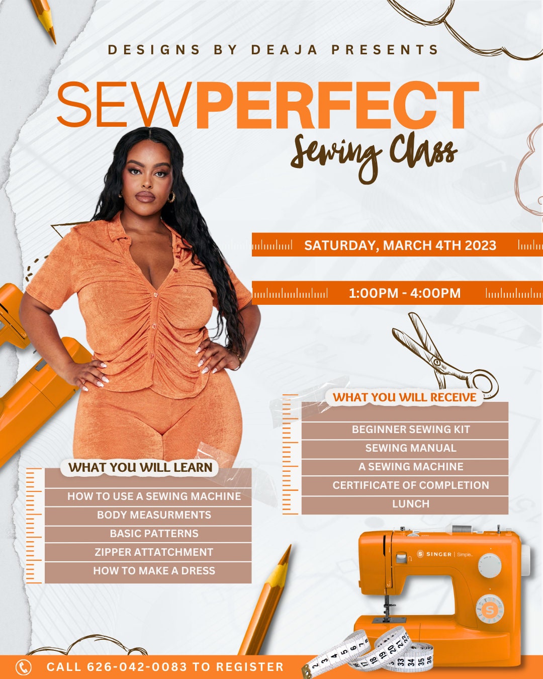 Canva Sewing Class Flyer/ Orange Sewing Machine Course E-flyer Template/ DIY 1on1 Designing ...