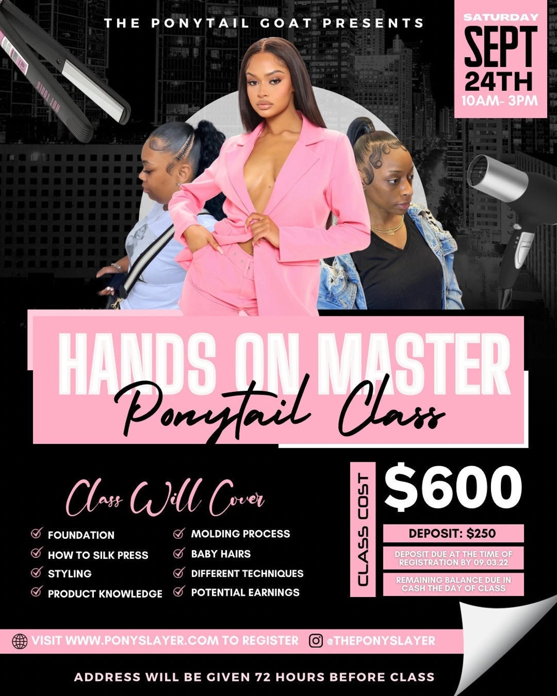 Ponytail Course Flyer Template/ Pink & Black Canva Hair Class Flyer ...