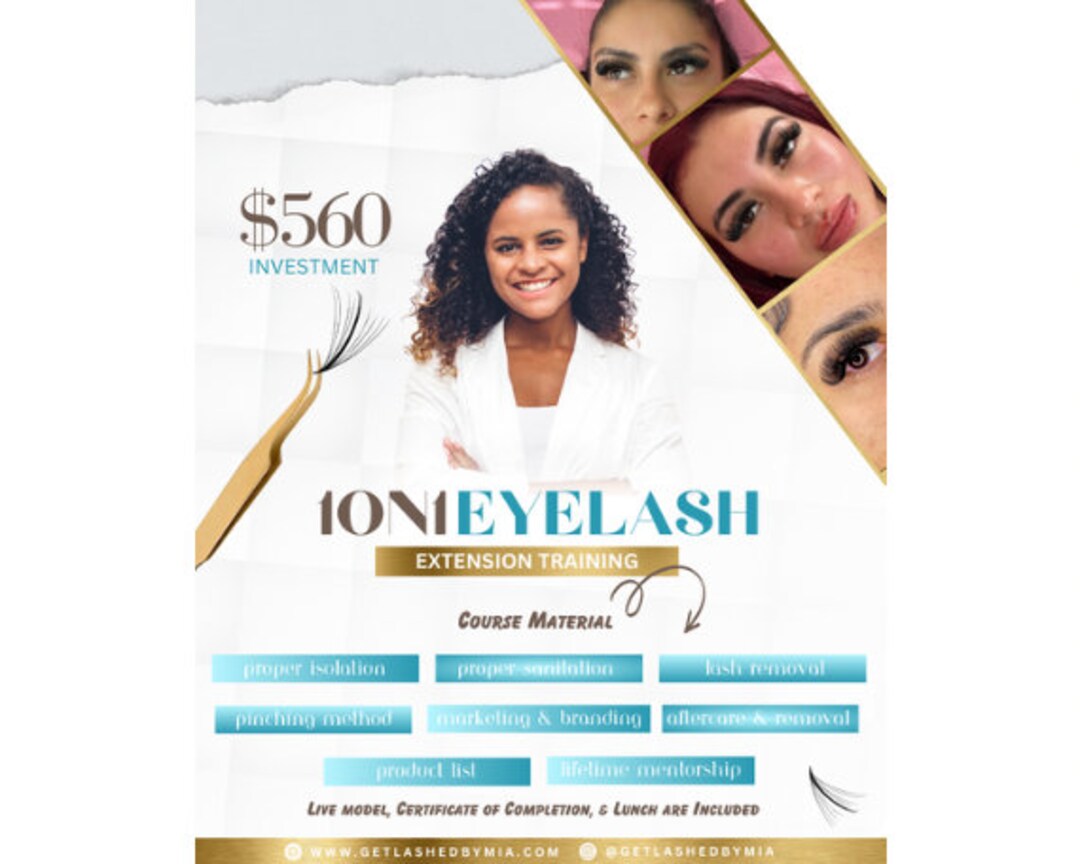 Canva Eyelash Extension Training Class Flyer/ Gold & White Lash Group Course Flyer Template ...