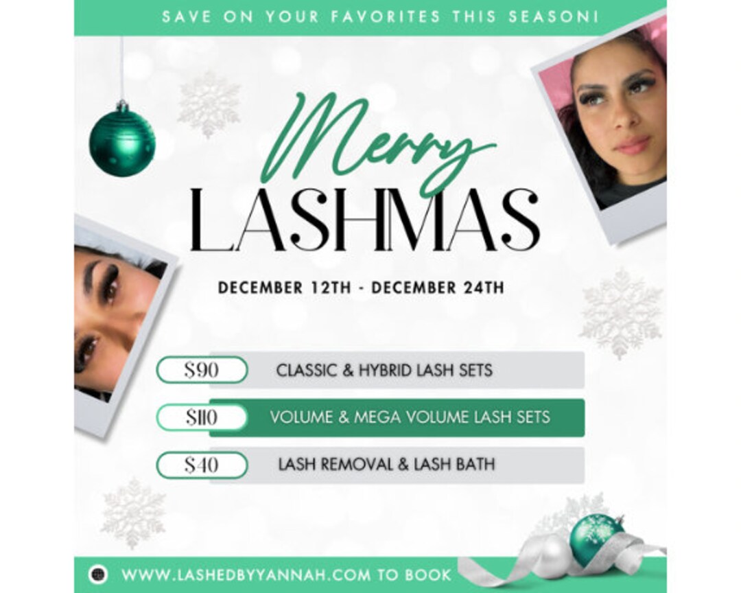 Canva Christmas Specials Flyer Template/ White & Green Holiday Lash ...