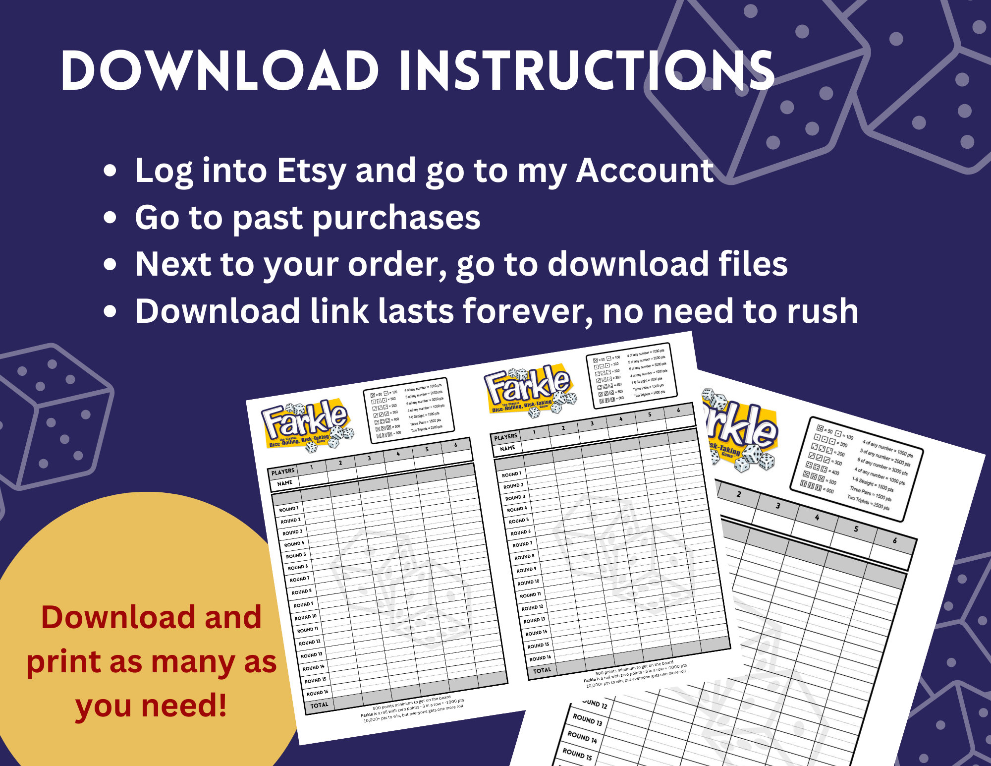 Farkle Game Score Sheets With Rules - Instant Download and Print ...