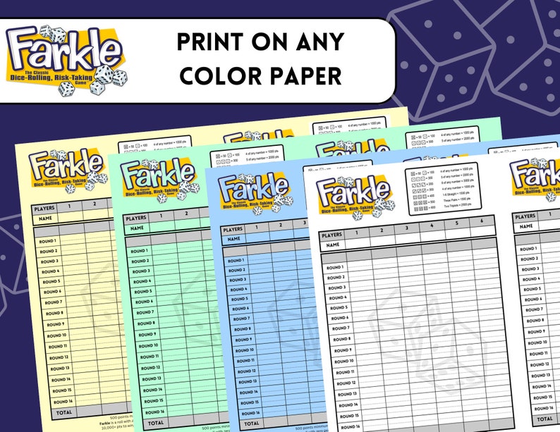 Farkle Game Score Sheets With Rules - Instant Download and Print ...