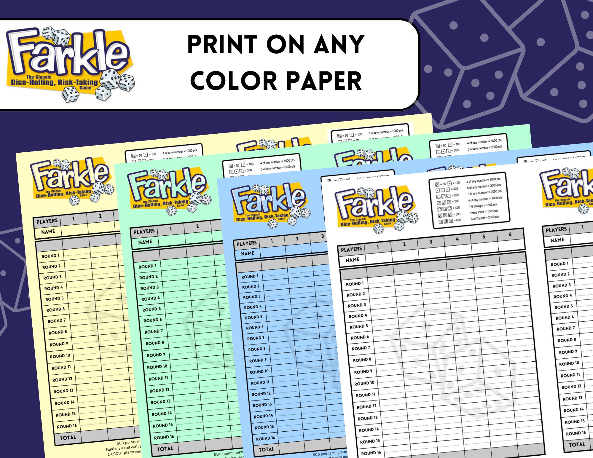 Farkle Game Score Sheets With Rules - Instant Download and Print ...