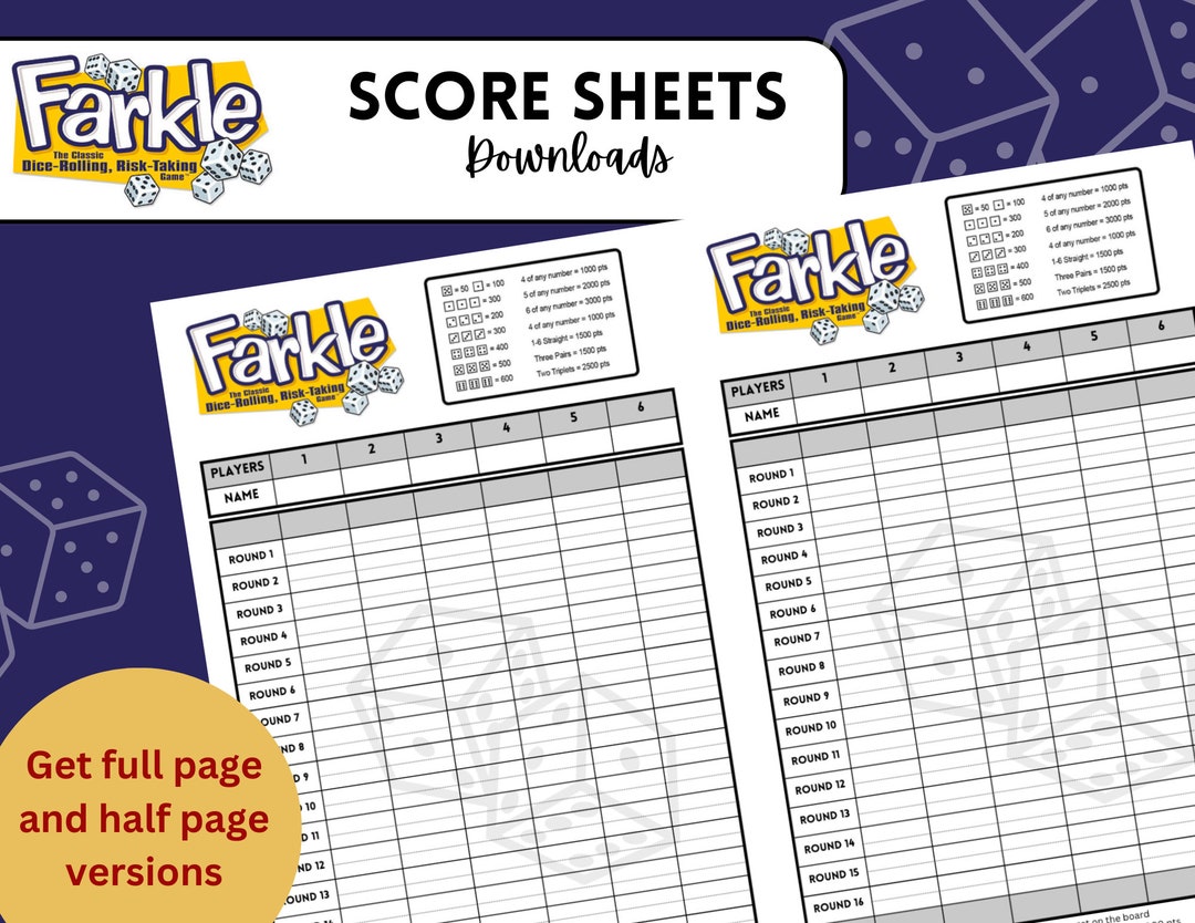 Farkle Game Score Sheets With Rules - Instant Download and Print ...