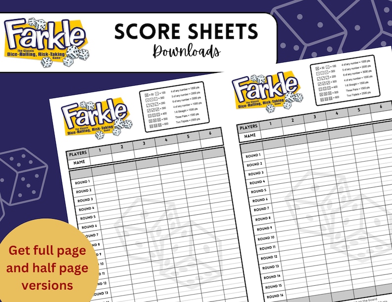 Farkle Game Score Sheets With Rules - Instant Download and Print ...